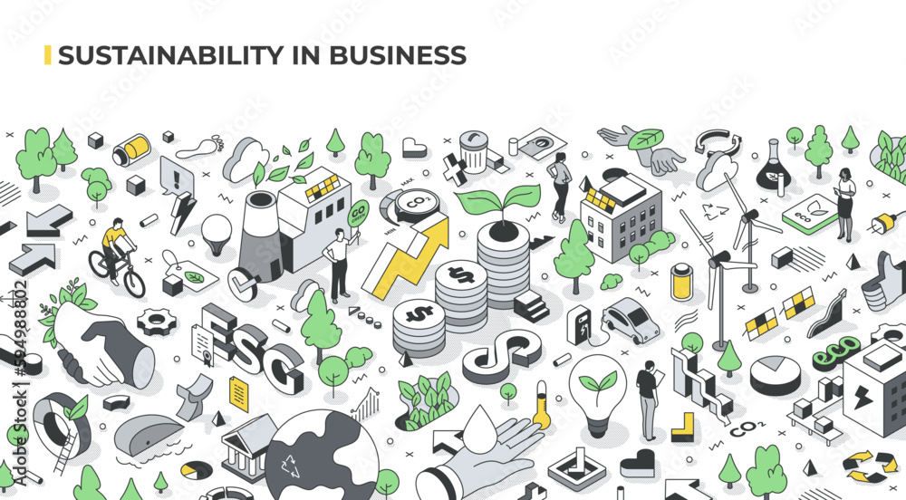 Sustainability isometric illustration. Depicts a business's efforts to ...