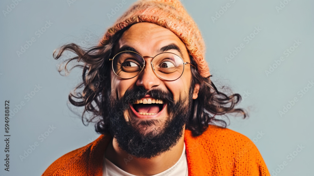 Funny weird smiling bearded man . Generative AI illustration ilustração ...