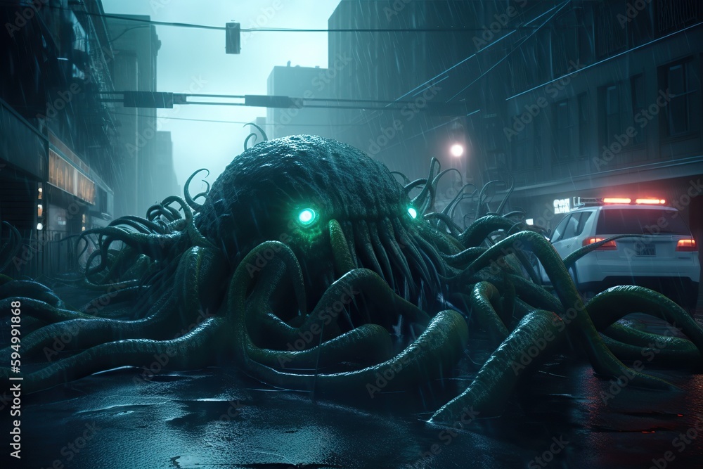 Monster Cthulhu attacked city and boats at seaport pier. Apocalypse ...