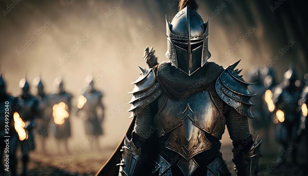 Medieval Knights in armor are preparing for battle, the defense of the ...