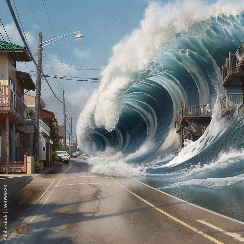 Tsunami, catastrophe, a huge wave from the ocean covered houses and ...