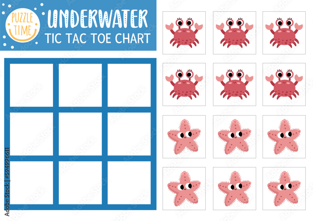 Vector under the sea tic tac toe chart with crab and starfish. Ocean ...