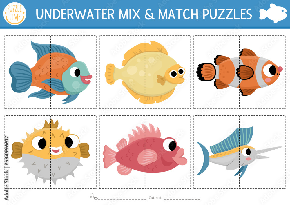 Vector under the sea mix and match puzzle with cute fishes. Matching ...