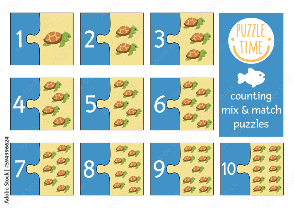 Vector under the sea mix and match puzzle with cute baby turtles. Ocean ...