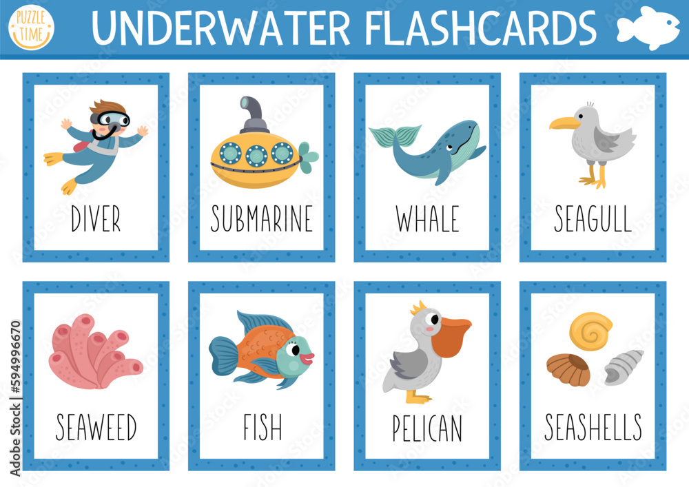 Vector flash cards set with water animals, diver, submarine. English ...