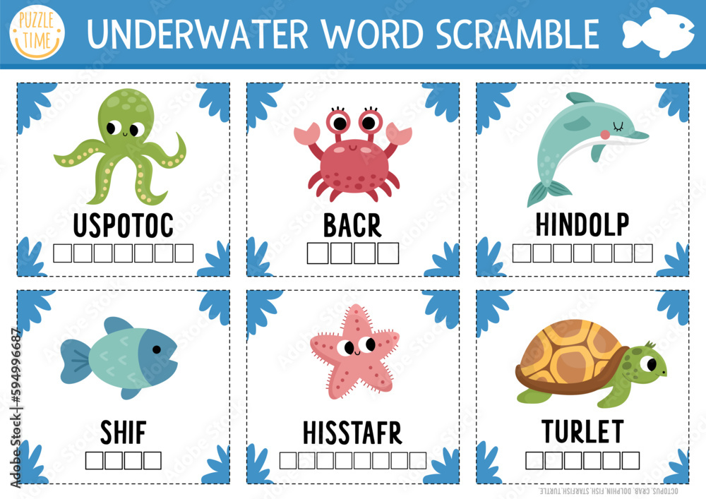 Vetor de Vector under the sea word scramble activity page. English ...
