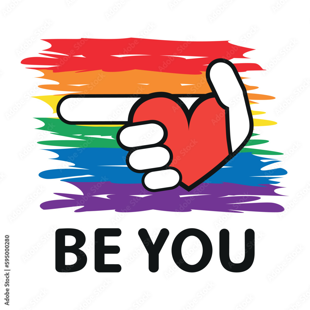 A hand making a shape of a pointed on rainbow flag LGBT gay with word ...