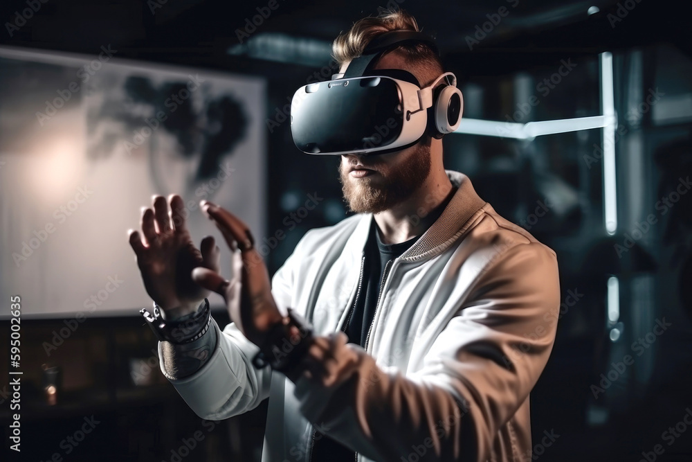 Generative AI illustration of stylish bearded man in VR headset ...