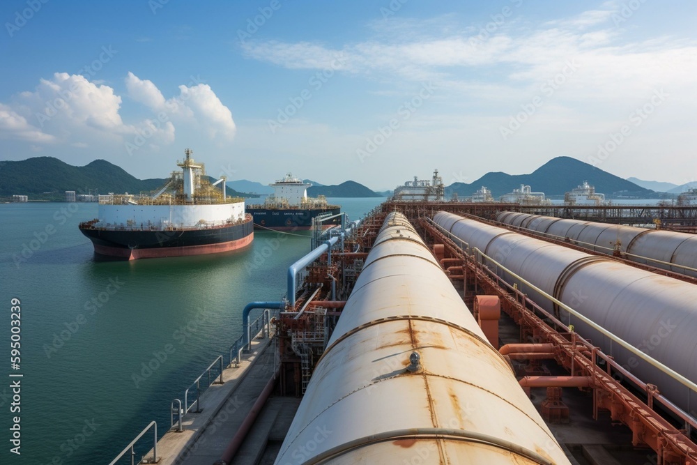 Pipelines leading the LNG terminal and the LNG tanker. Generative AI ...
