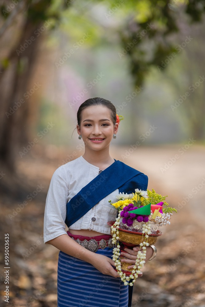 Beautiful Asian girl of rural villagers wearing the traditional ...