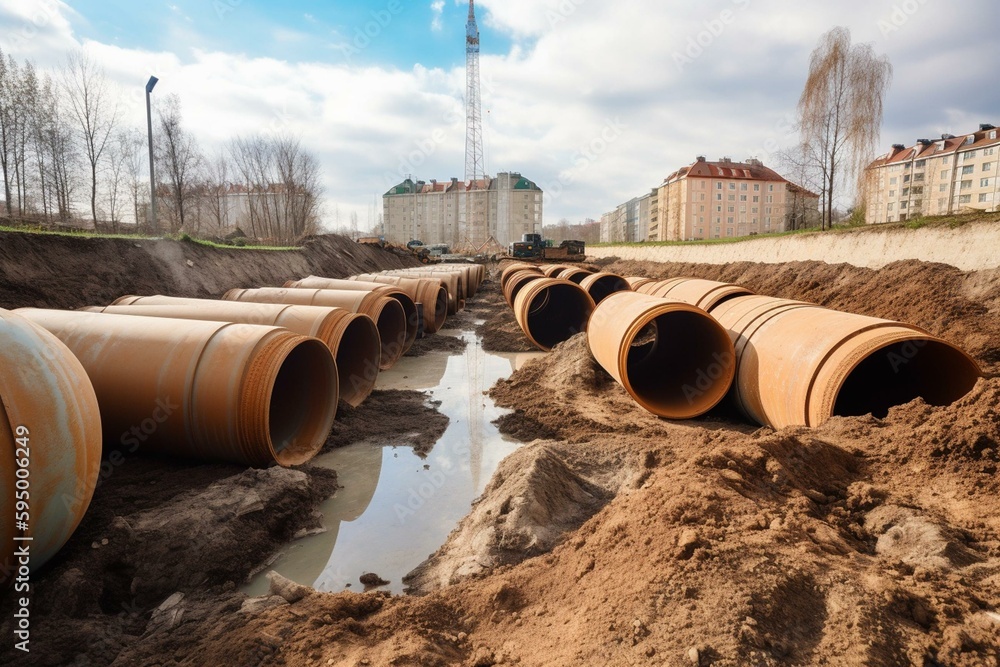 Sewer pipes laying. Sanitary drainage, external sewage. Tower crane on ...