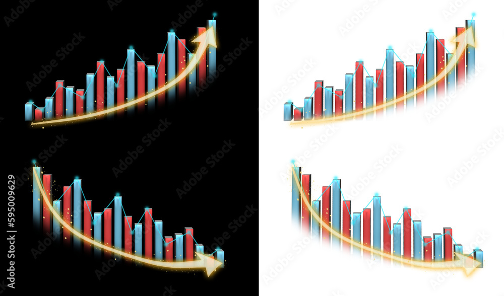 financial chart on black background, Falling bar and rising bar graph ...