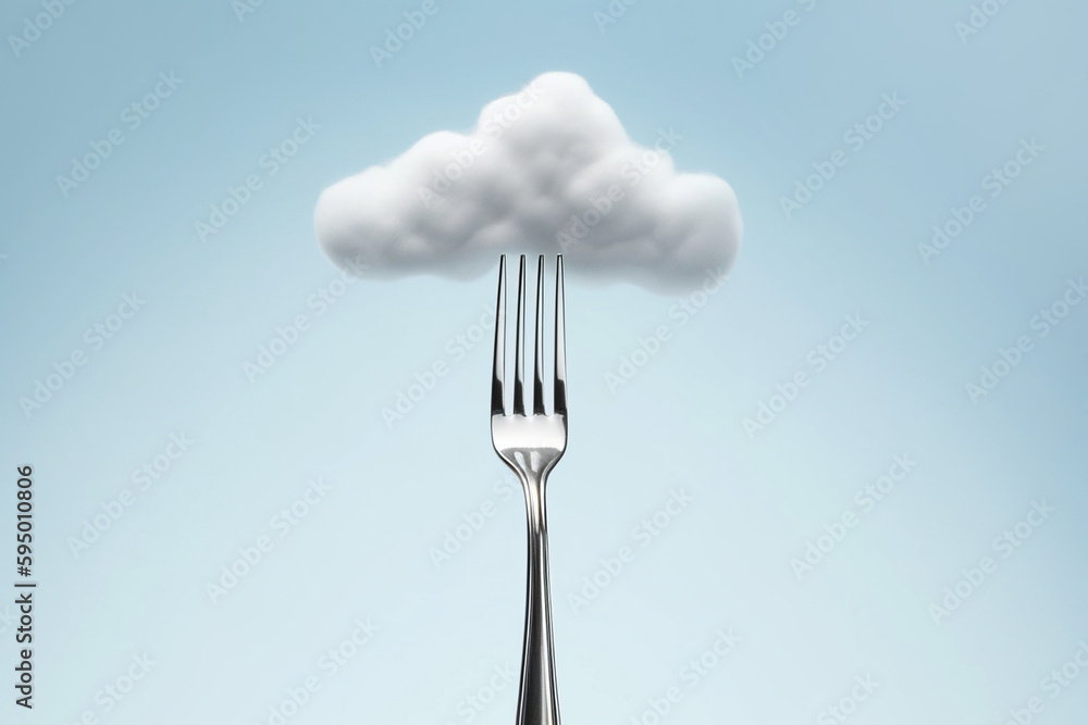 White cloud on a fork, blue background with copy space. Diet concept ...