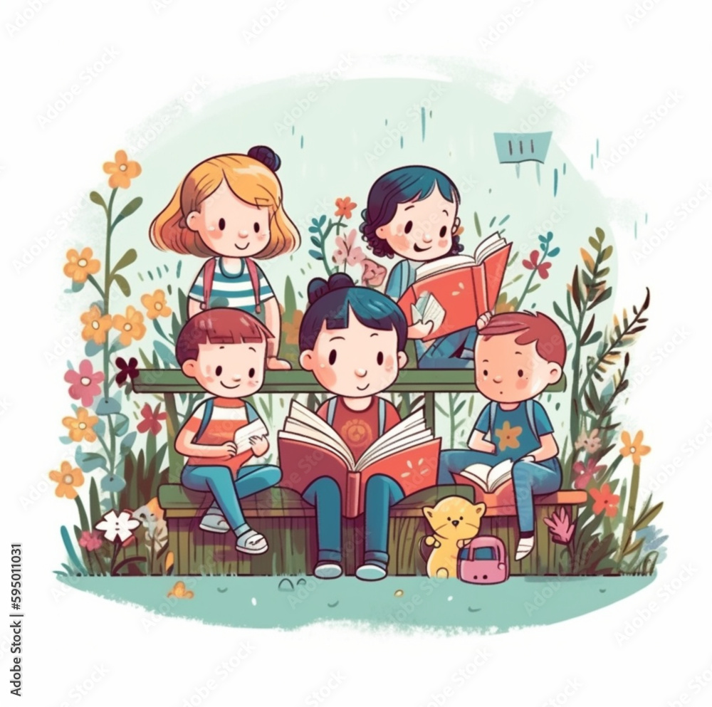 Illustration of children reading a books Stock Vector | Adobe Stock