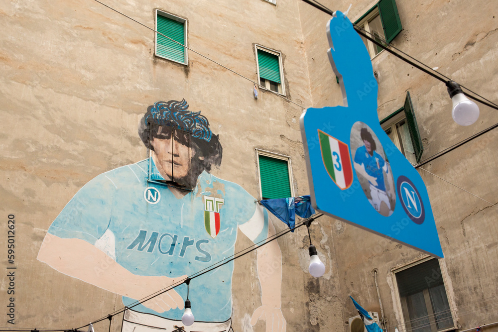 Murals of Diego Armando Maradona with the Napoli shirt. It is located ...