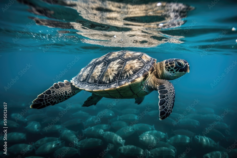 baby turtle taking its first swim in the vast ocean, surrounded by ...