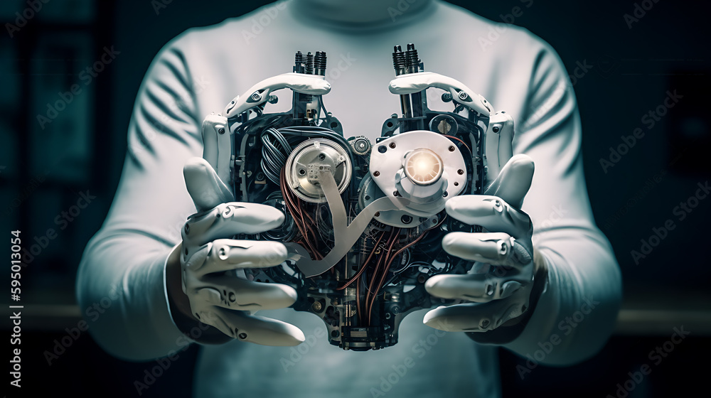 AI Generative robot hands holds robotic heart mechanical artificial ...
