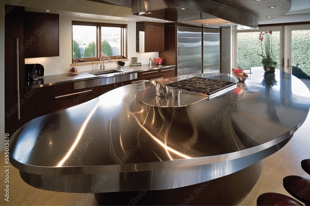 sweeping curve of stainless steel countertops flows seamlessly into the ... sweeping curve of stainless steel countertops flows seamlessly into the ...