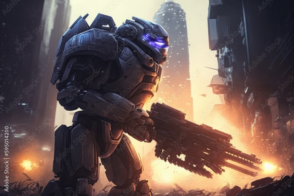 alien blaster wielding futuristic weapon, taking on horde of droids in ...