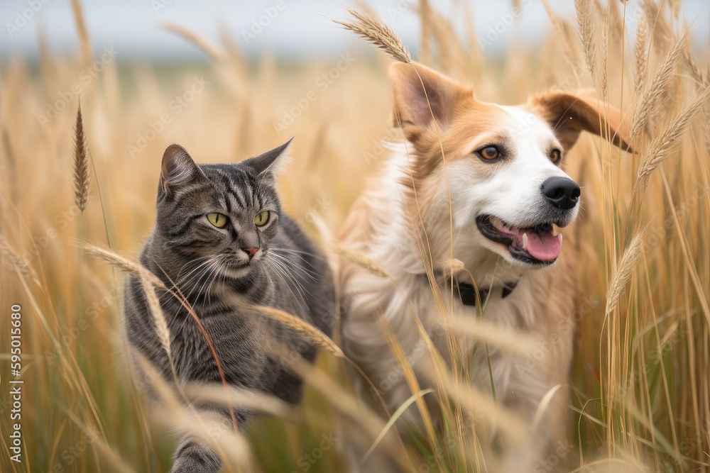 cat and dog running through field of tall grass, with the wind blowing ...