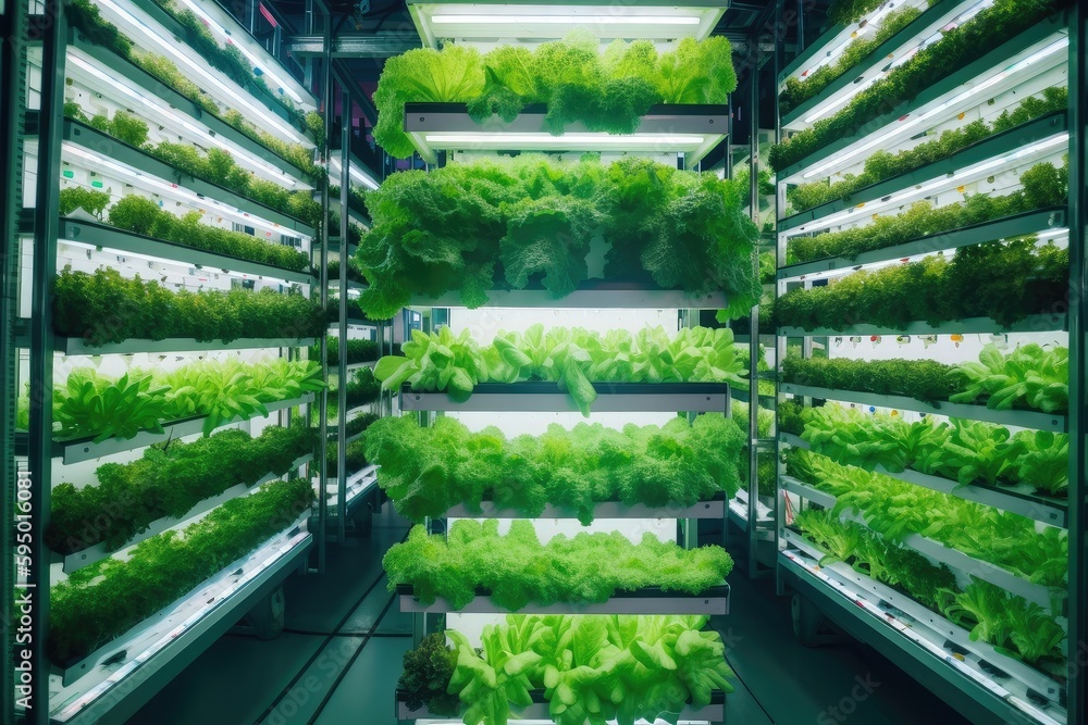 vertical farm, with crops growing on vertical wall and fish swimming in ...