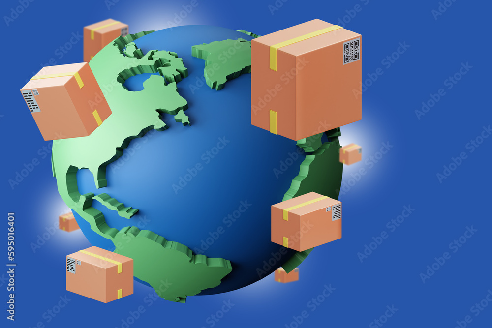 Globe with cardboard boxes. Global logistics. International delivery ...