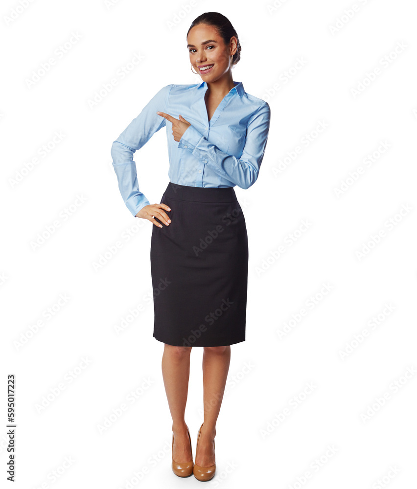 Portrait of professional woman is pointing at promo, advertising and ...