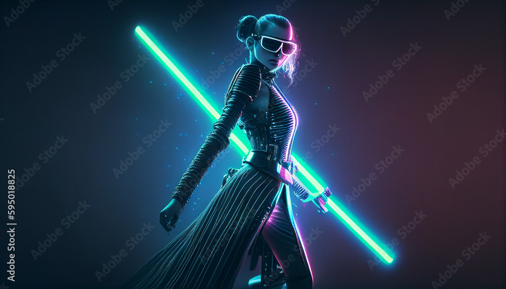 Neon full body portrait of an young women in a black suit with two blue ...