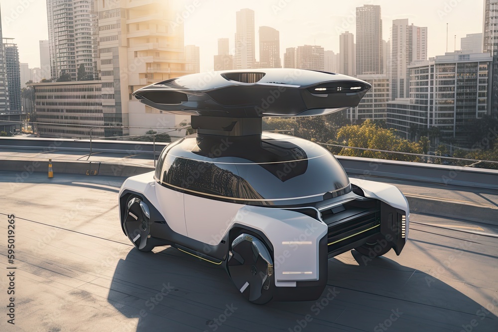 autonomous vehicle transporting a drone on its roof, with view of the ...