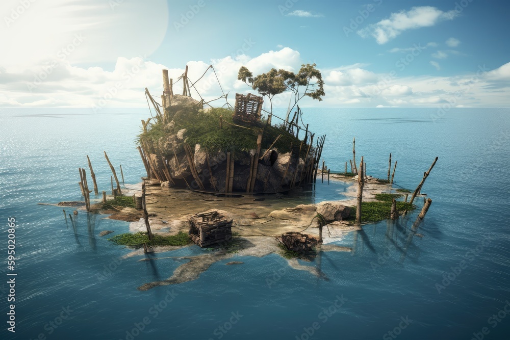 surreal float island surrounded by the wreckage of a shipwreck, with ...