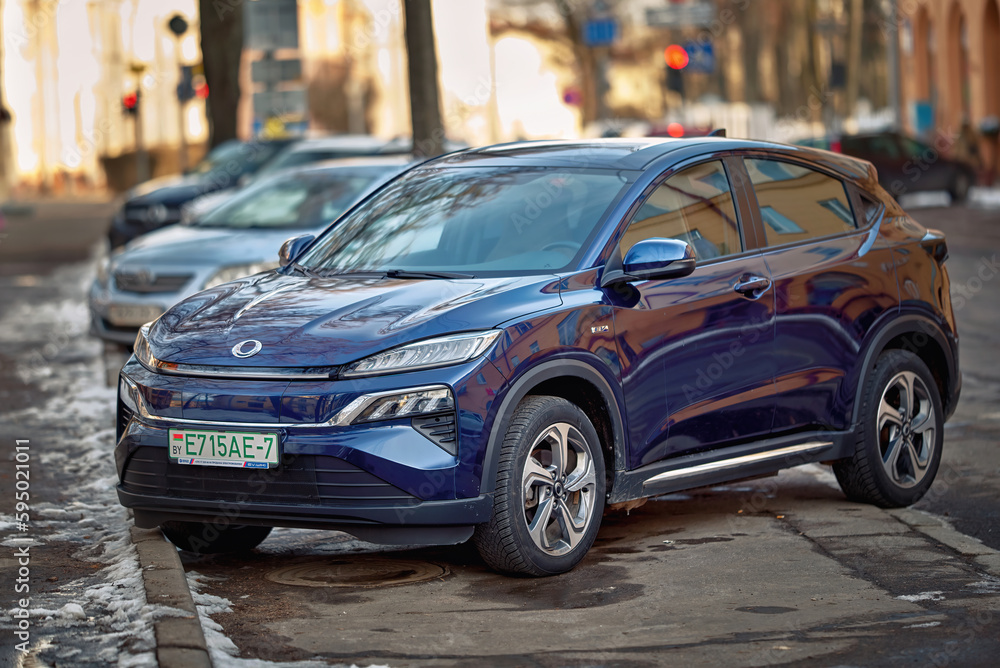 Minsk, Belarus. Mar 2023. Electric car Honda M-NV (Dongfeng) at paking ...