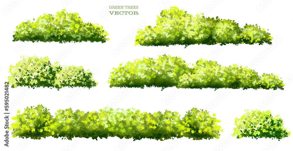 set of green grass, Vector watercolor of tree side view isolated on ...
