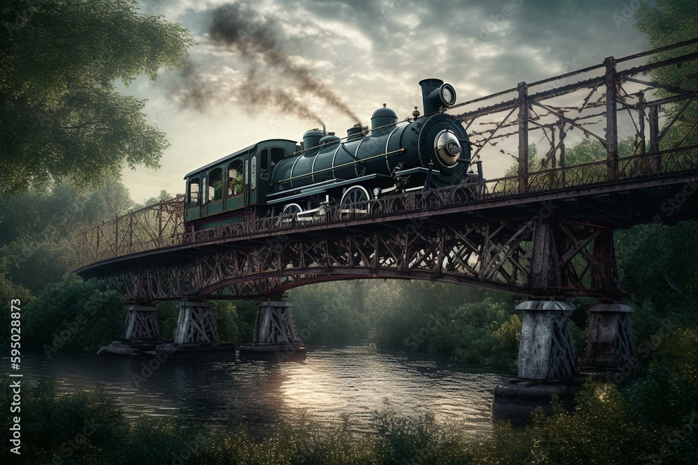 Old steam train under a wrought iron bridge created with Generative AI ...
