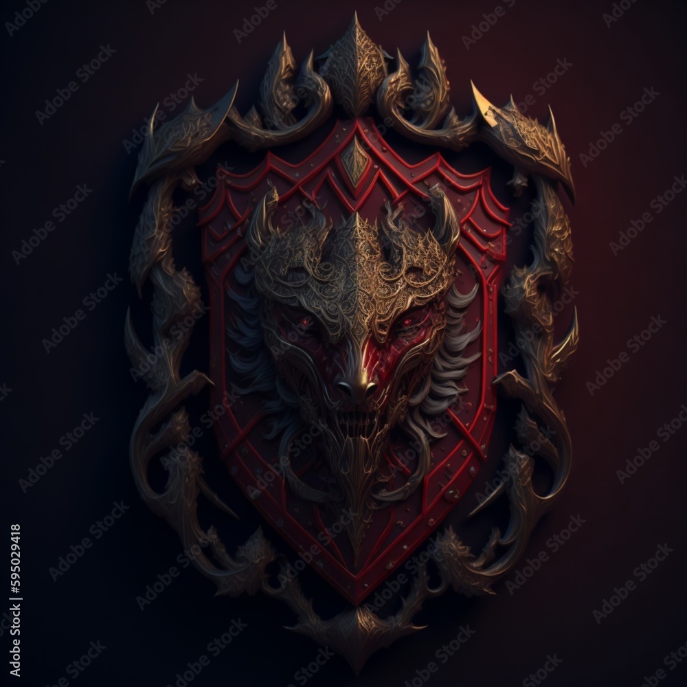 a red shield rcb with rcb details, with golden lion body in centre ...