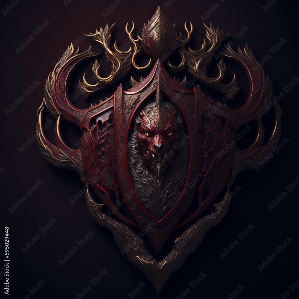 a red shield rcb with rcb details, with golden lion body in centre ...