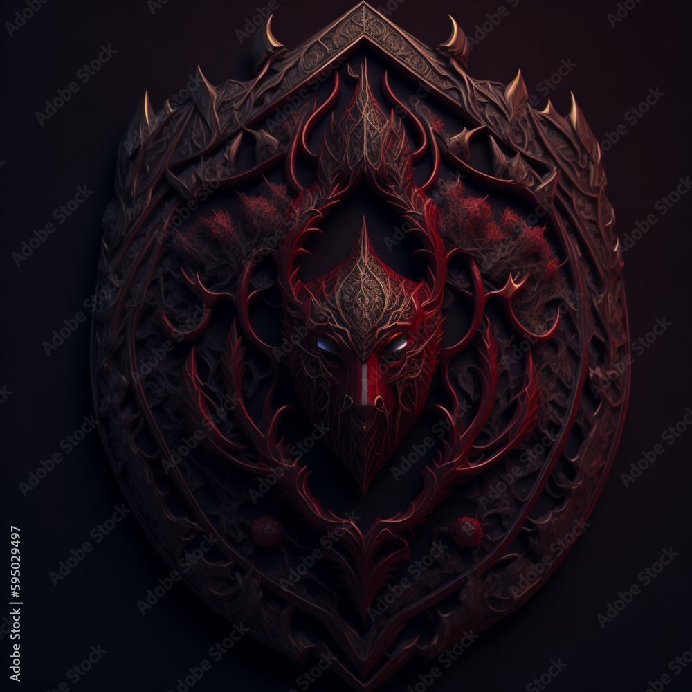 a red shield rcb with rcb details, with golden lion body in centre ...