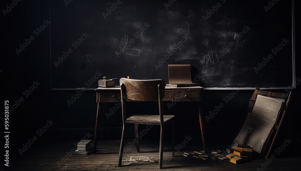 Eerie Study Space: Blackboard and Desk in a Dark Room with Books and ...