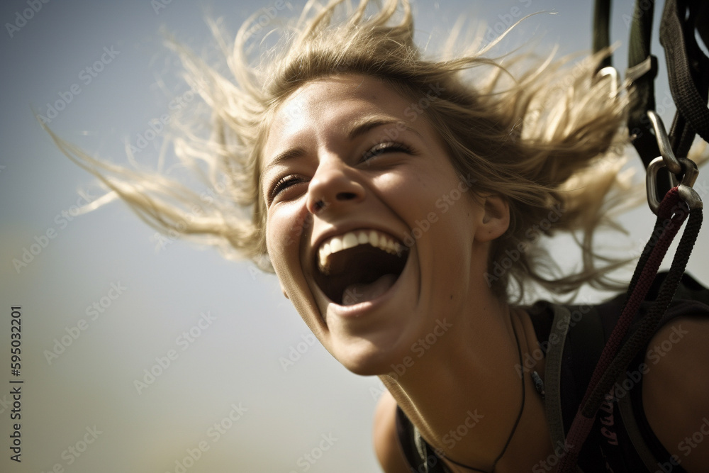 Beautiful young woman bungee jumping and having a lot of fun ...