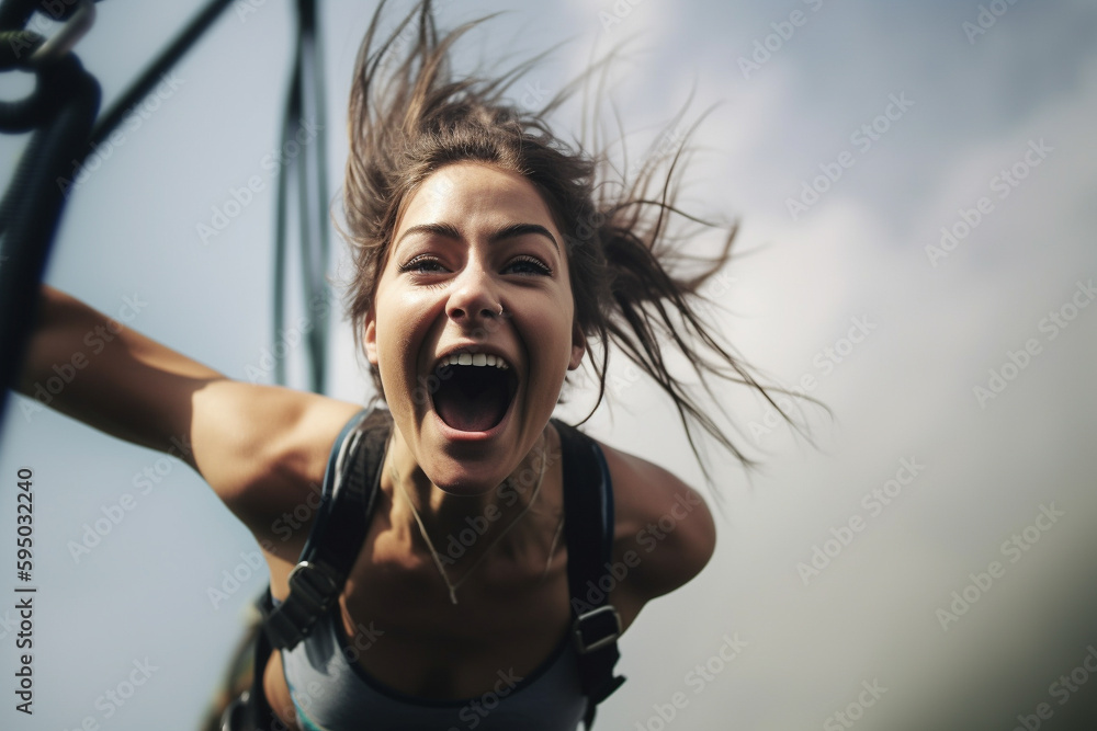 Beautiful young woman bungee jumping and having a lot of fun ...