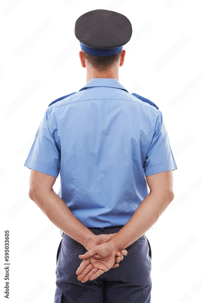 Back, police and law enforcement with a man isolated on a transparent ...