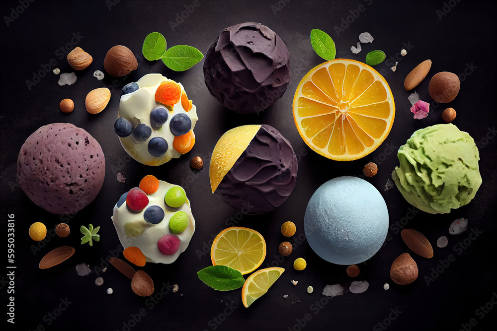 assortment of ice creams in various flavors. Scoop based menu for ice ...