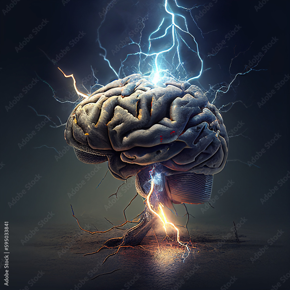 Human Brain with blue and yellow lighting, burn out, physical pressure ...