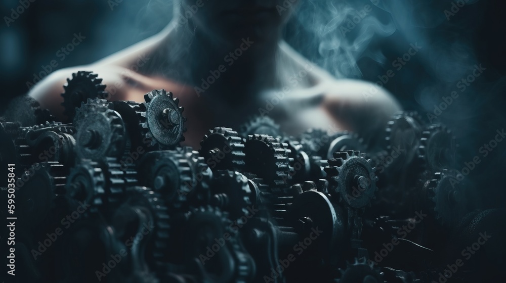 a man with a steam engine in his chest and a lot of gears in his chest ...