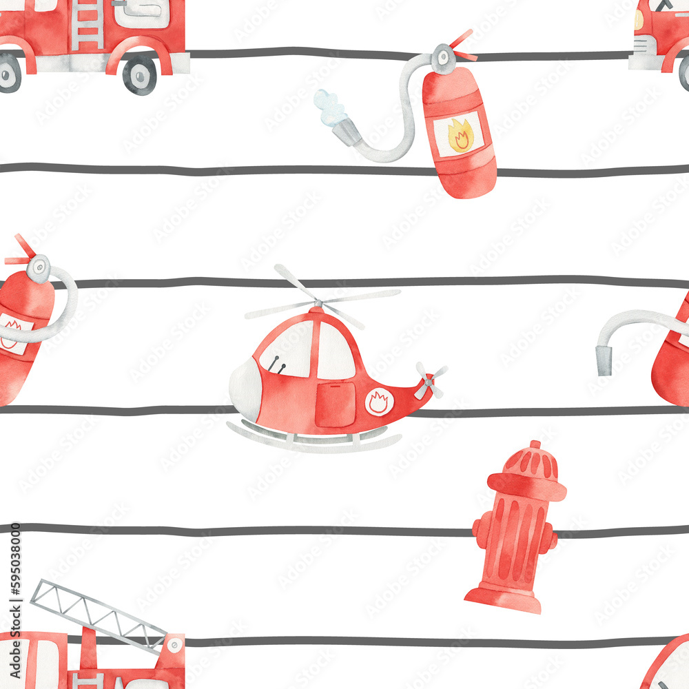 Seamless pattern with fire trucks, helicopters, fire extinguishers ...