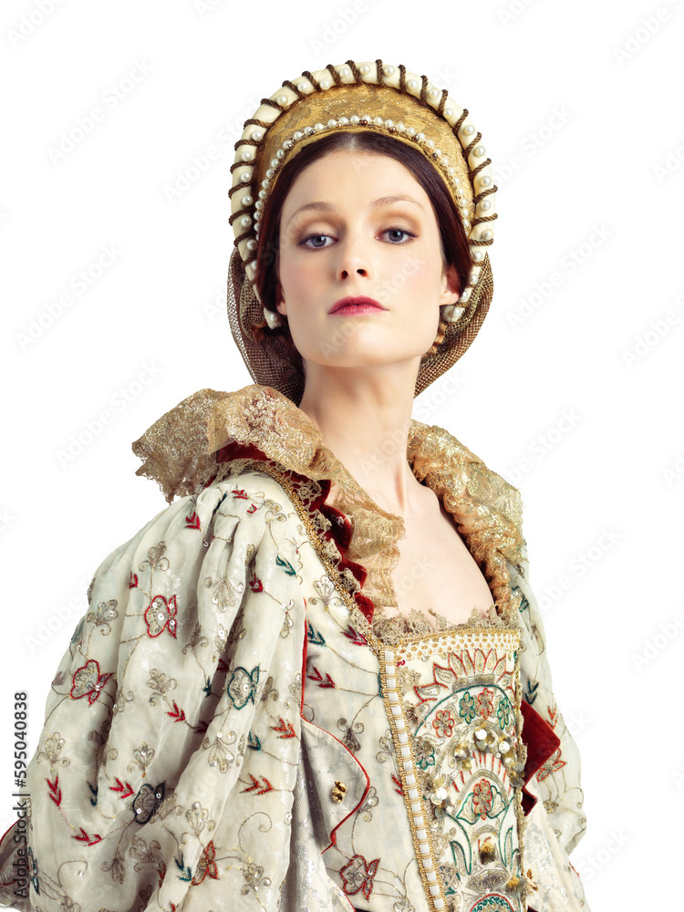 Medieval, portrait and woman in queen costume on isolated, transparent ...