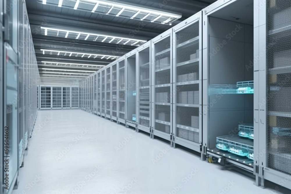 Supermarket refrigerator. Robots in industrial freezer. Interior of ...