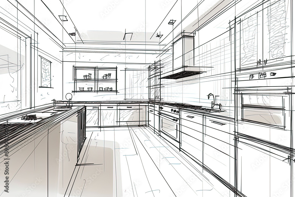 Pencil drawing of the interior of a kitchen. Modern kitchen floor plans ...