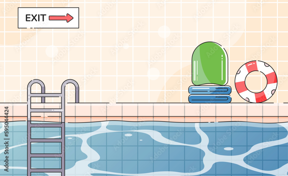 Public swimming pool inside with blue water. Flat cartoon vector ...