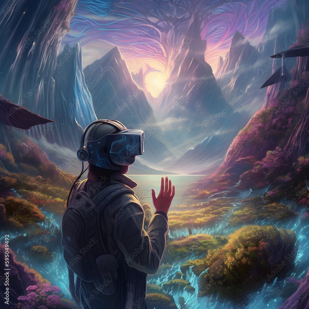 Escape reality with a human wearing a VR headset, teleporting into an ...
