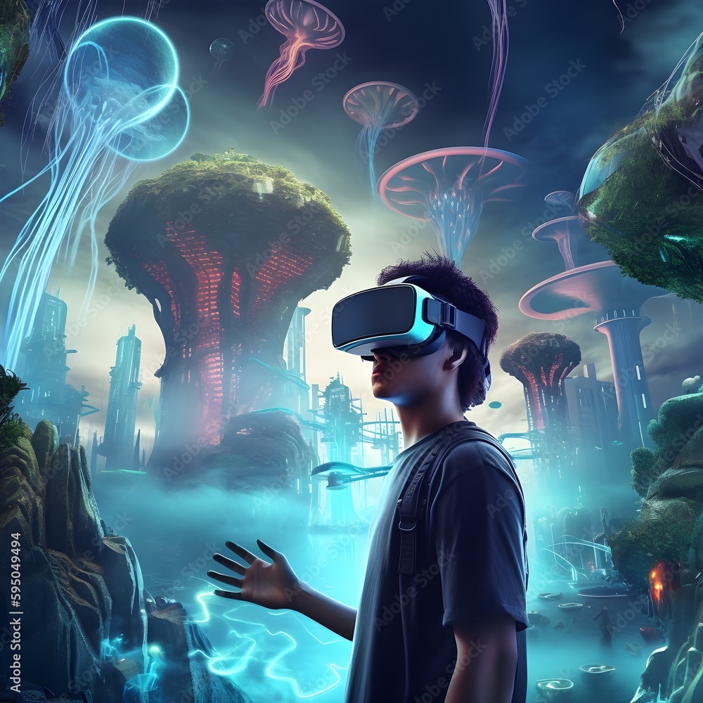 Escape reality with a human wearing a VR headset, teleporting into an ...